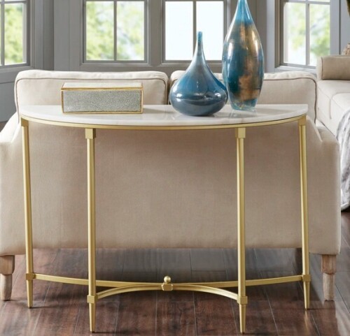 Madison Park Signature Bordeaux Marble Top Half-Moon Gold Metal Console ...